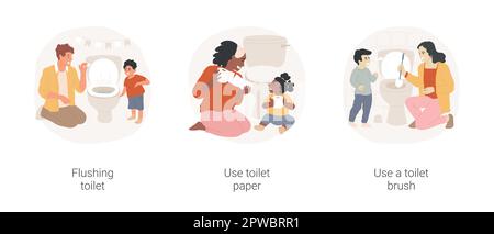 Teach child to use toilet isolated cartoon vector illustration. Parent ...