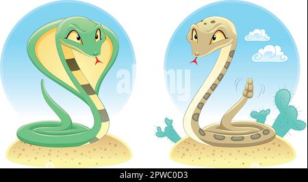 Two Snakes: Cobra and Pit Viper. Cartoon and vector reptiles Stock ...