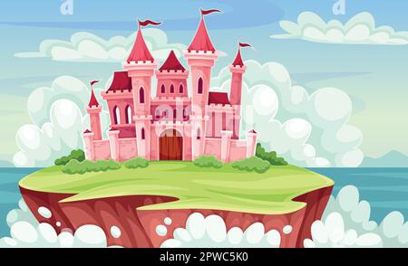 Pink magic castle on floating island in night sky with fluffy clouds ...