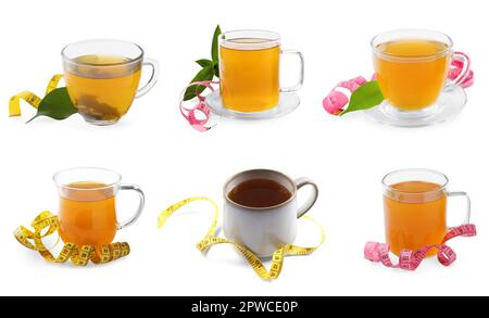 Set with cups of cup of weight loss herbal tea on white background ...