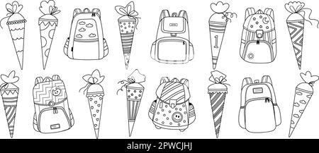 School backpack with candy cones for first grader.Vector cartoon ...