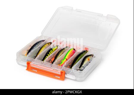 hard silicone lures in a box isolated on white Stock Photo - Alamy