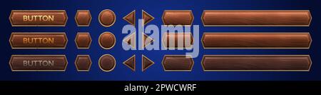 Realistic set of wooden game buttons sprite sheet isolated on ...