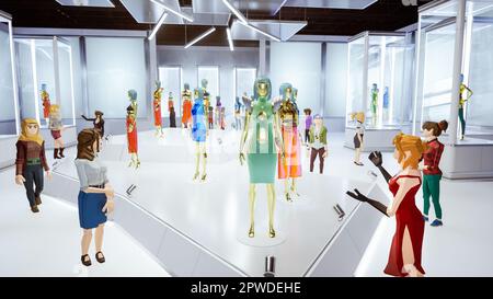 Metaverse avatars of people shopping in digital clothing shop, 3d ...
