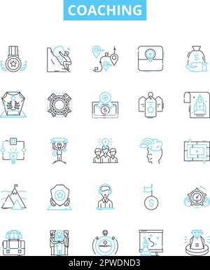 Coaching vector line icons set. Coaching, Tutoring, Training, Mentoring, Educating, Guiding ...