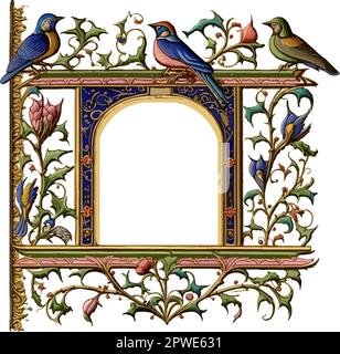 Medieval style birds illuminated manuscript border, swallows flying ...