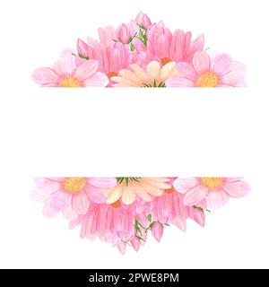 Handdrawn aster frame. Watercolor wind flower boarder on the white ...