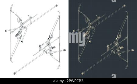 Stylized vector illustration of blueprints of target recurve bow kit ...