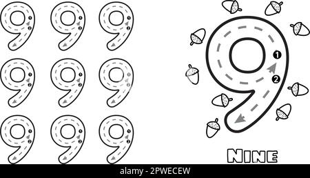 Trace and write. Number 9. Handwriting practice. Learning numbers for ...