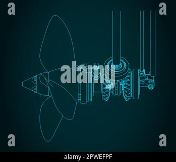 Stylized vector illustration of blueprints of outboard motor gearbox ...