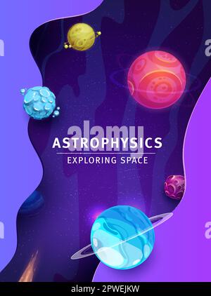 Astrophysics poster with starry galaxy and planets in space, vector ...