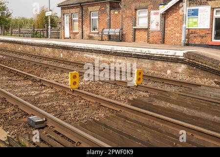 Emergency temporary lights on railway line tracks in Norfolk England ...