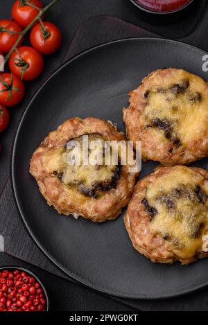 Delicious baked meat boats with mushrooms, cheese, salt and spices ...