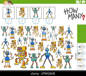 Math game worksheet. Cartoon robots and droids with motherboard lines ...