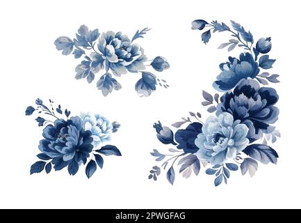 Navy blue watercolor flowers set. Wedding concept. Vector design ...