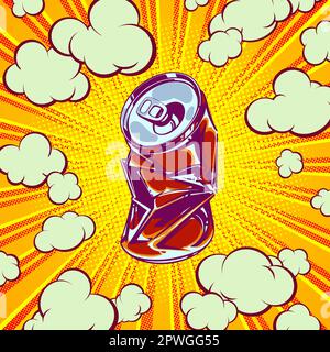 Concept with a crumpled pop art soda can for print and design. Vector ...