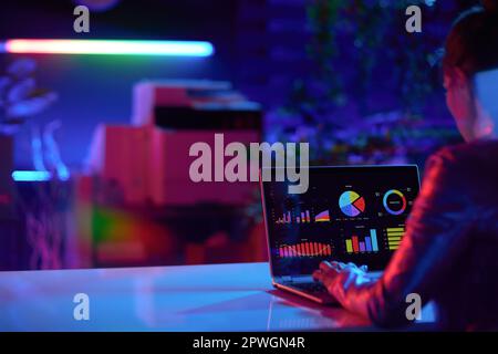 Computer screen, trading and back with charts, home and person for ...