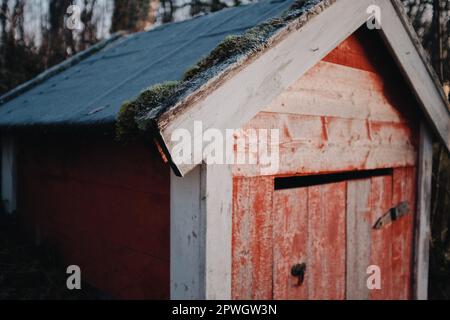 Details of Tiny red wooden cabin in a sunset light Stock Photo - Alamy
