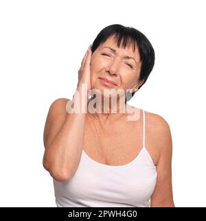 Woman suffering from earache on color background, closeup Stock Photo ...