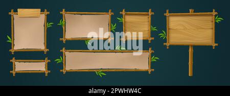 Realistic set of bamboo wood and paper signboards with tropical green ...