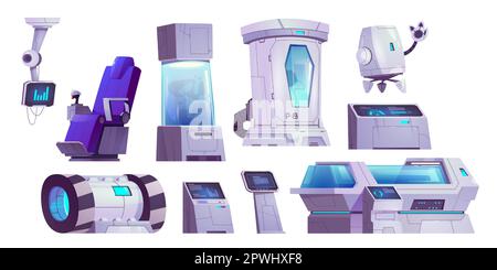 Spaceship laboratory interior room with cryogen capsule cartoon ui ...