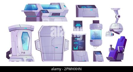 Spaceship laboratory interior room with cryogen capsule cartoon ui ...