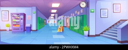 Empty school hall with locker, stairs and exit signboard cartoon ...