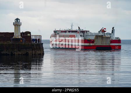 Ardrossan, Scotland, UK. 30 April 2023. The MV Alfred catamaran ...