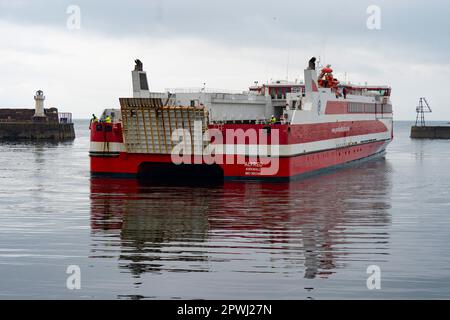 Ardrossan, Scotland, UK. 30 April 2023. The MV Alfred catamaran ...