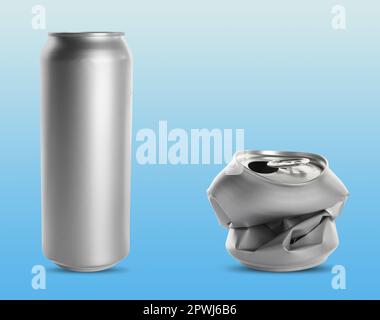 Whole and crumpled aluminum cans on color background Stock Photo - Alamy