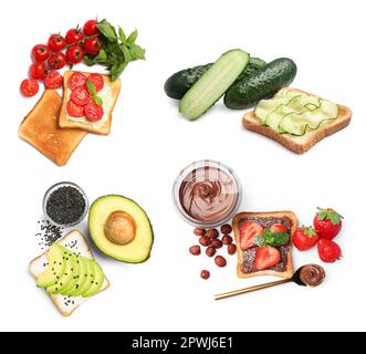 Set of different toasts on white background, top view. Banner design ...