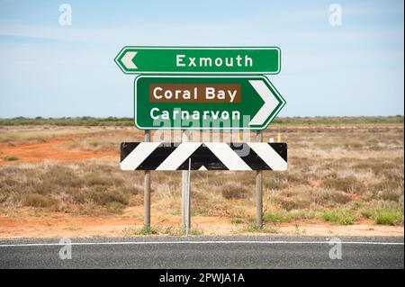 A general view of Exmouth town sign on Minilya-Exmouth Road in Exmouth ...