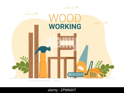 Woodworking with Wood Cutting by Modern Craftsman and Worker using Tools Set in Flat Cartoon ...