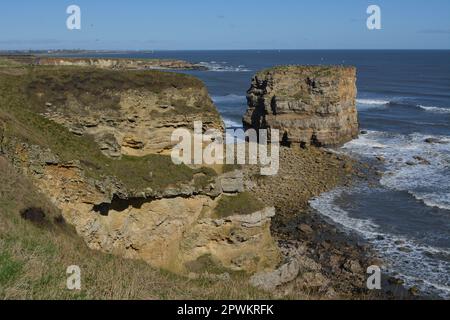 A view down onto the beach at Marsden, North East England, showing the ...