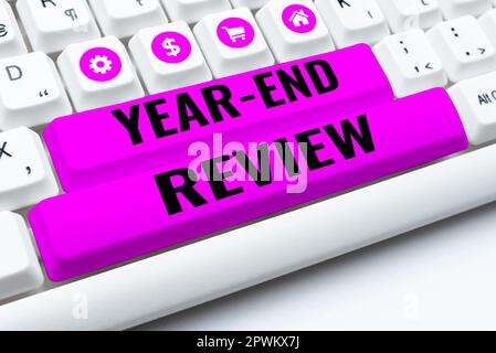 Text caption presenting Year end Review. Business showcase annual assessment of achievement and ...