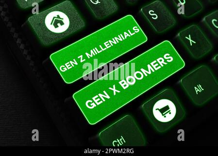 Sign displaying Gen Z Millennials Gen X Boomers, Business overview ...