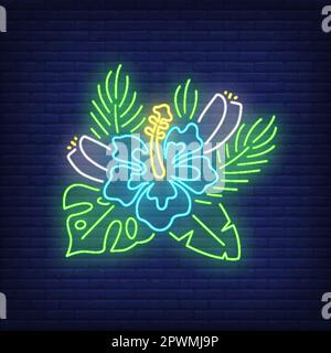 Blue hibiscus neon sign. Tropical flower with leaves. Glowing banner or ...
