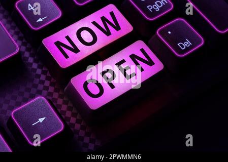 Sign displaying Now Open. Business overview leave door or windows not ...