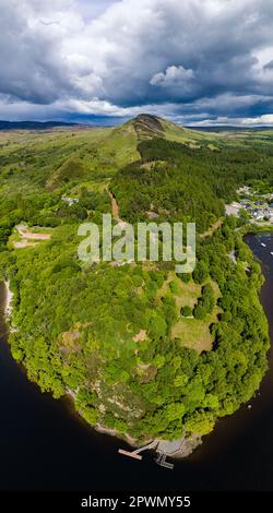 Aerial view of Balmaha village and Conic Hill on Loch Lomond, Scotland ...