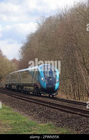 Azuma class TransPennine Express train travelling on track running ...