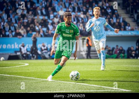 Malmoe, Sweden. 30th Apr, 2023. Football fans of Malmo FF seen on the ...