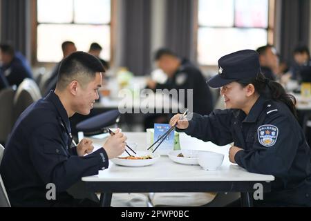 (230501) -- ALATAW PASS, May 1, 2023 (Xinhua) -- Liu Xin patrols with ...
