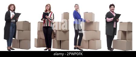 Collage of people lifting heavy cardboard box isolated Stock Photo - Alamy