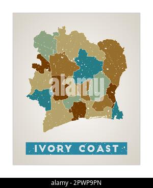 Ivory Coast map. Country poster with regions. Shape of Ivory Coast with ...