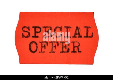 Special Offer printed with typewriter font on price tag sticker ...