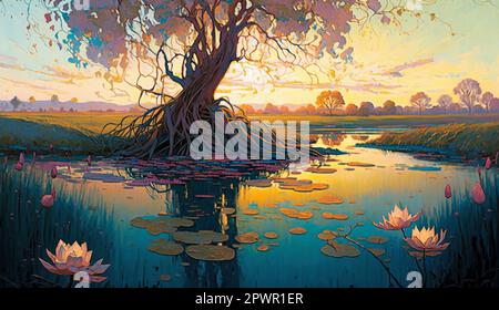 Beautiful sunrise over a field with flowing grass and a pond Stock ...