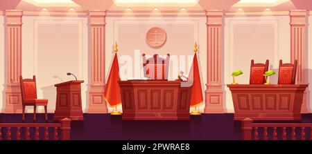 Courtroom empty interior with wooden desk with scales and wood gavel ...