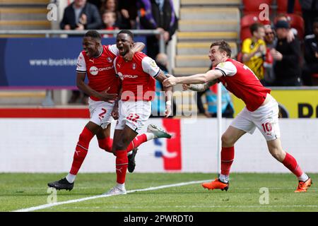 Rotherham United’s Hakeem Odoffin (centre) celebrates after scoring ...