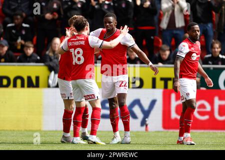 Rotherham United’s Hakeem Odoffin (centre) celebrates after scoring ...