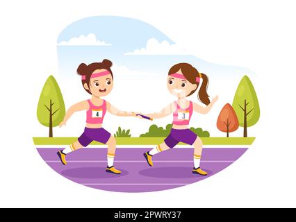 Relay Race Illustration Kids by Passing the Baton to Teammates Until ...